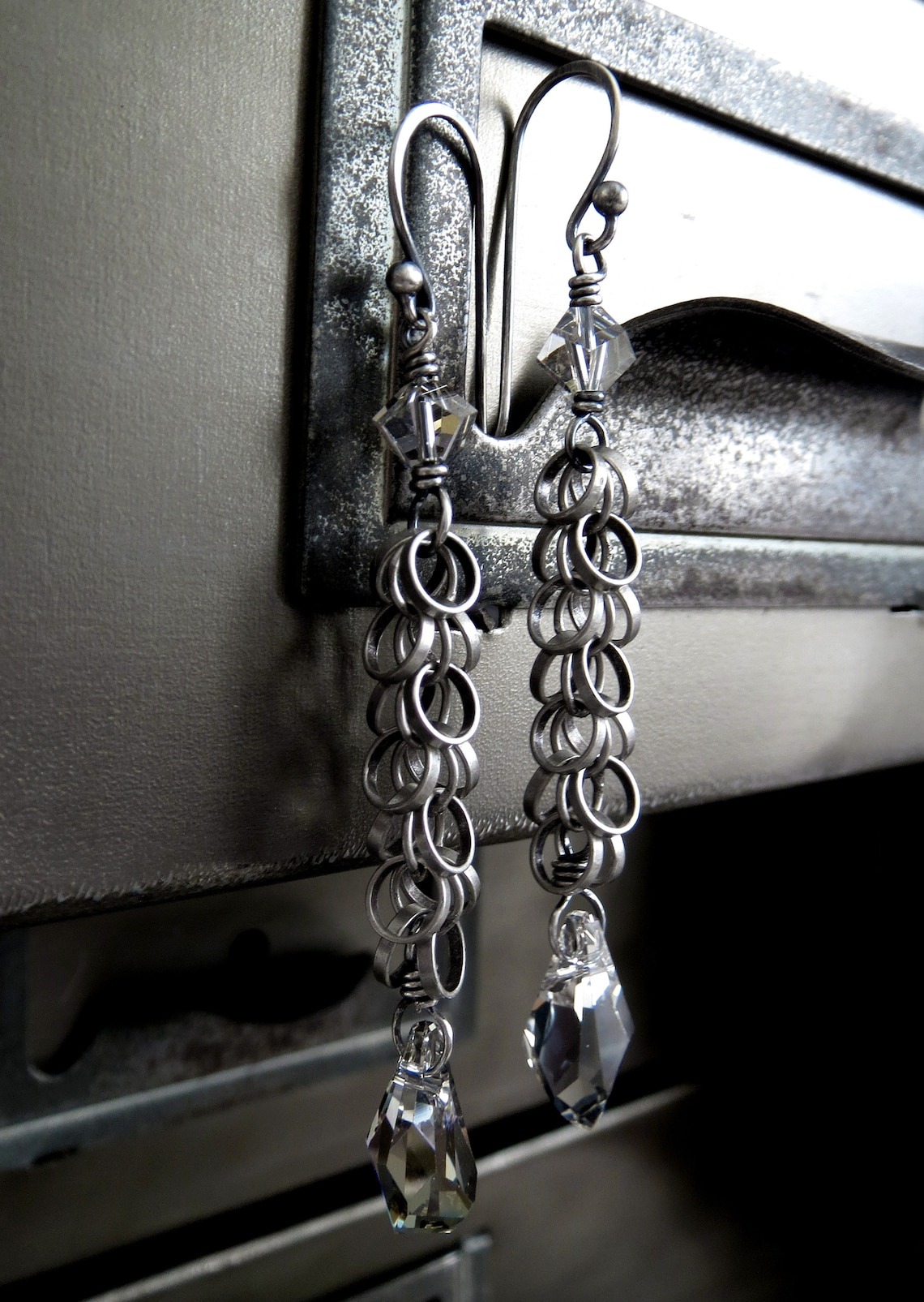 SILVER JAZZ Long Silver Chain Earrings With Clear Crystal - Etsy
