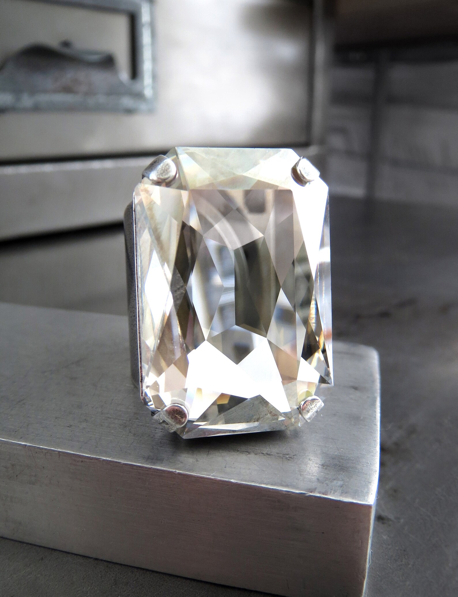LUMINOUS Large Crystal Cocktail Ring With Warm Silver Sheen | Etsy