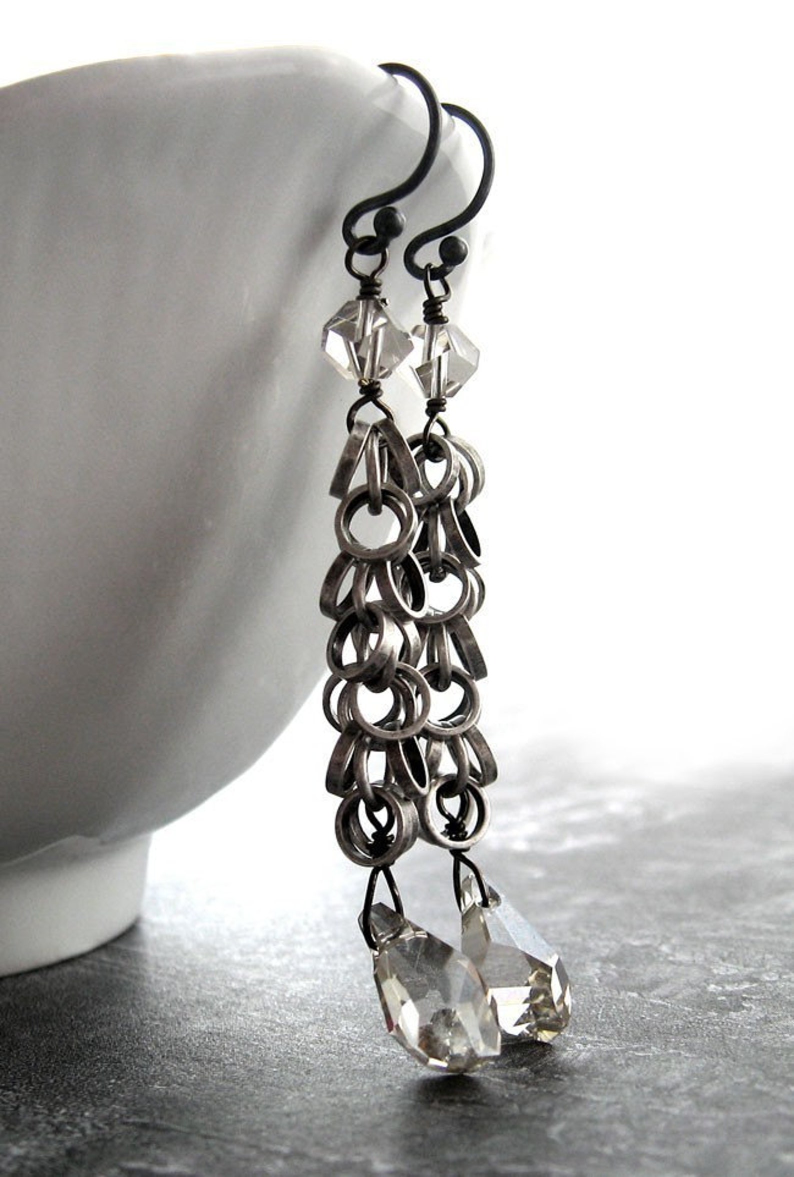 SILVER JAZZ Long Silver Chain Earrings With Clear Crystal - Etsy