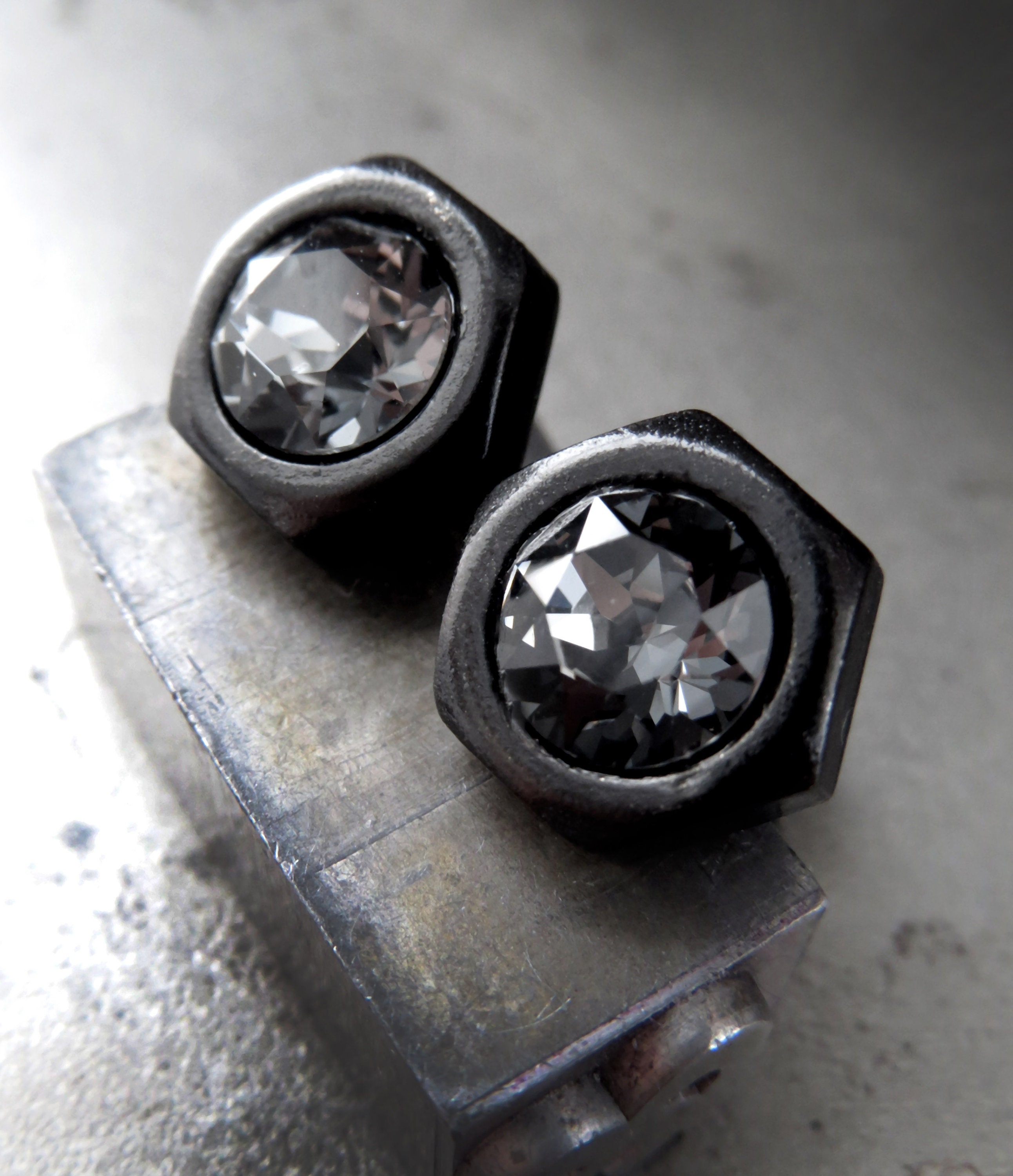 Mens Hex Nut Stud Earrings With Black Crystal Studs, Gunmetal Hardware ...