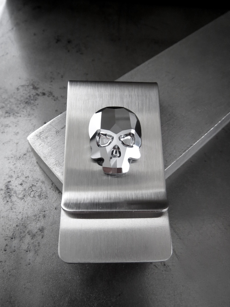 Skull Money Clip With Metallic Silver Crystal - Brushed Stainless Steel ...