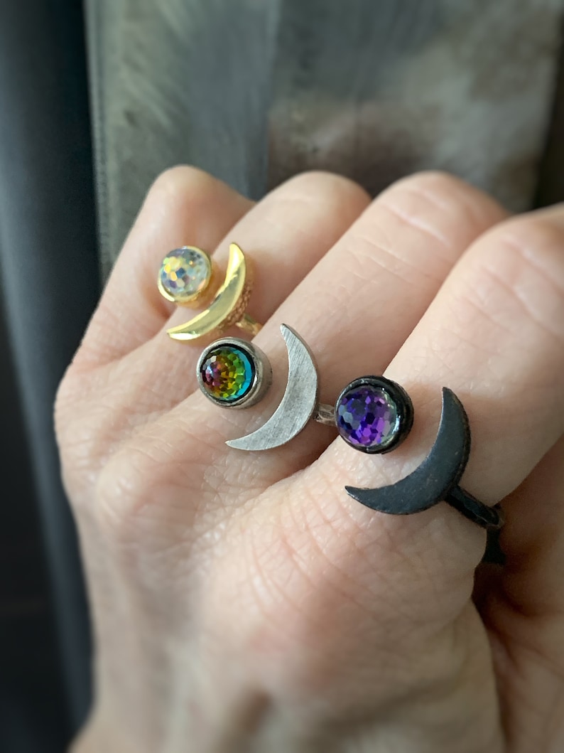 CELESTIAL Silver Crescent Moon Ring with Vintage Swarovski | Etsy