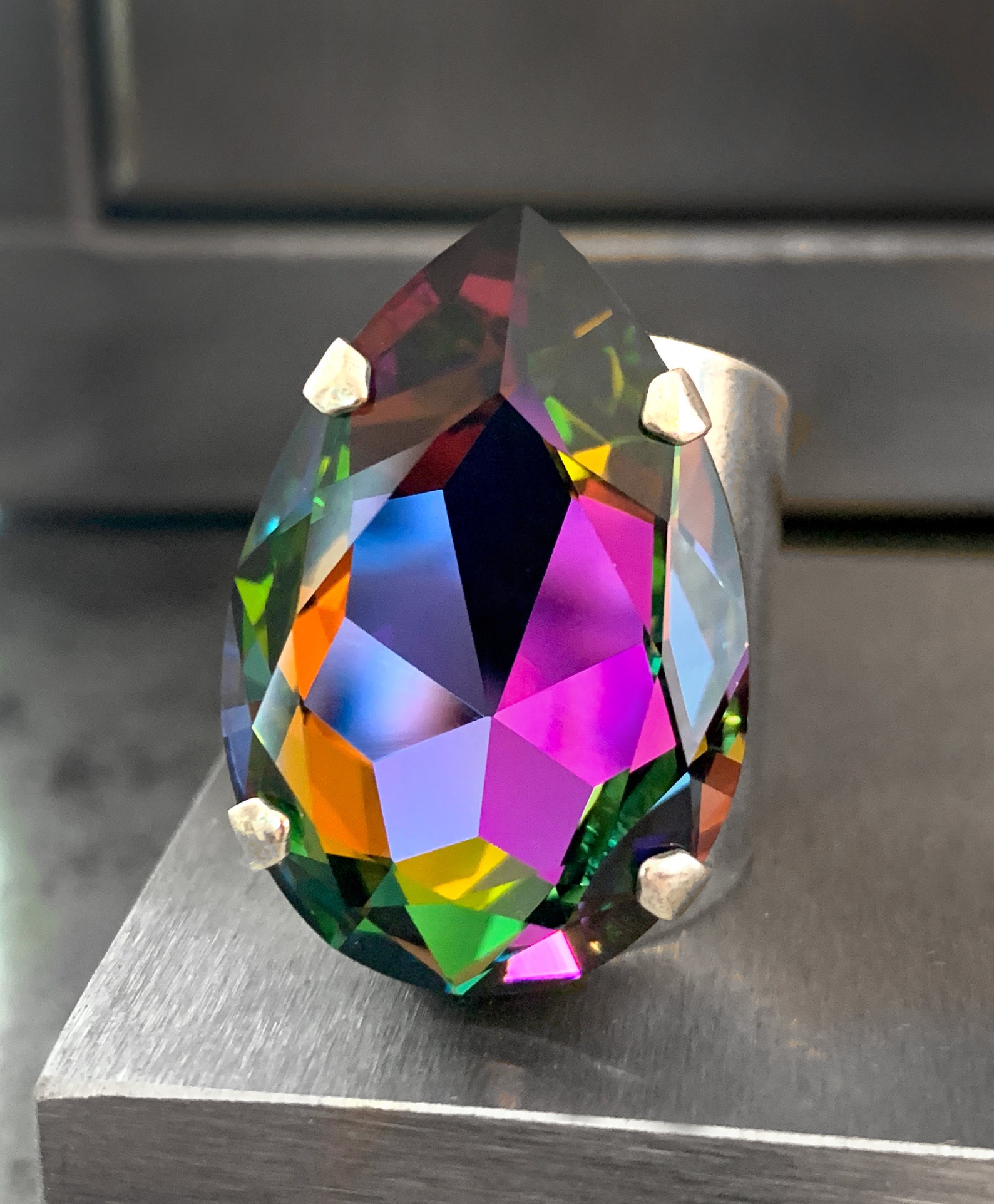 SPELLBOUND Large Teardrop Rainbow Crystal Ring Adjustable - Etsy