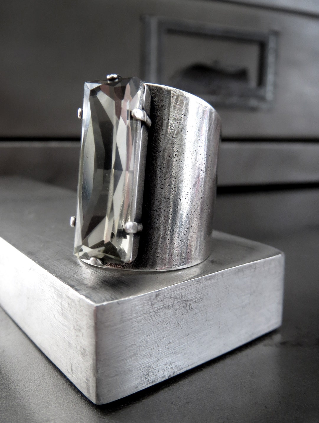 CONSTRUCT : STRENGTH - Modern Black Diamond Crystal Ring W Silver Cuff ...