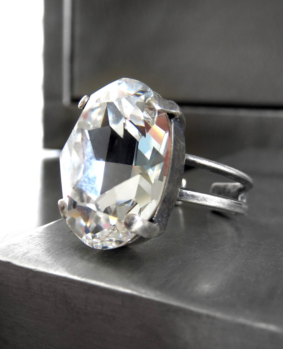 Sparkly Clear Crystal Oval Cocktail Ring, Clear Crystal Promise Ring ...