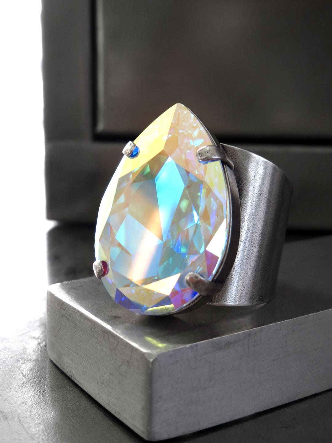 MESMERIZE - Large Teardrop Crystal Ring W Sparkly AB Crystal, Large ...