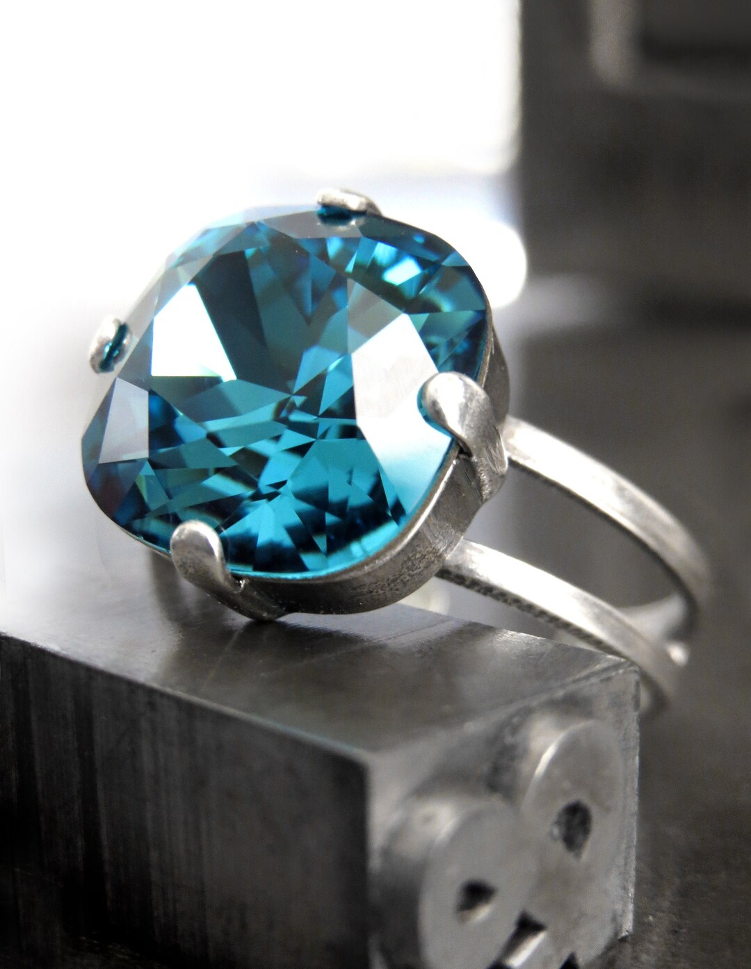 Small Aqua Crystal Ring, Teal Blue Crystal Ring W Antique Silver ...