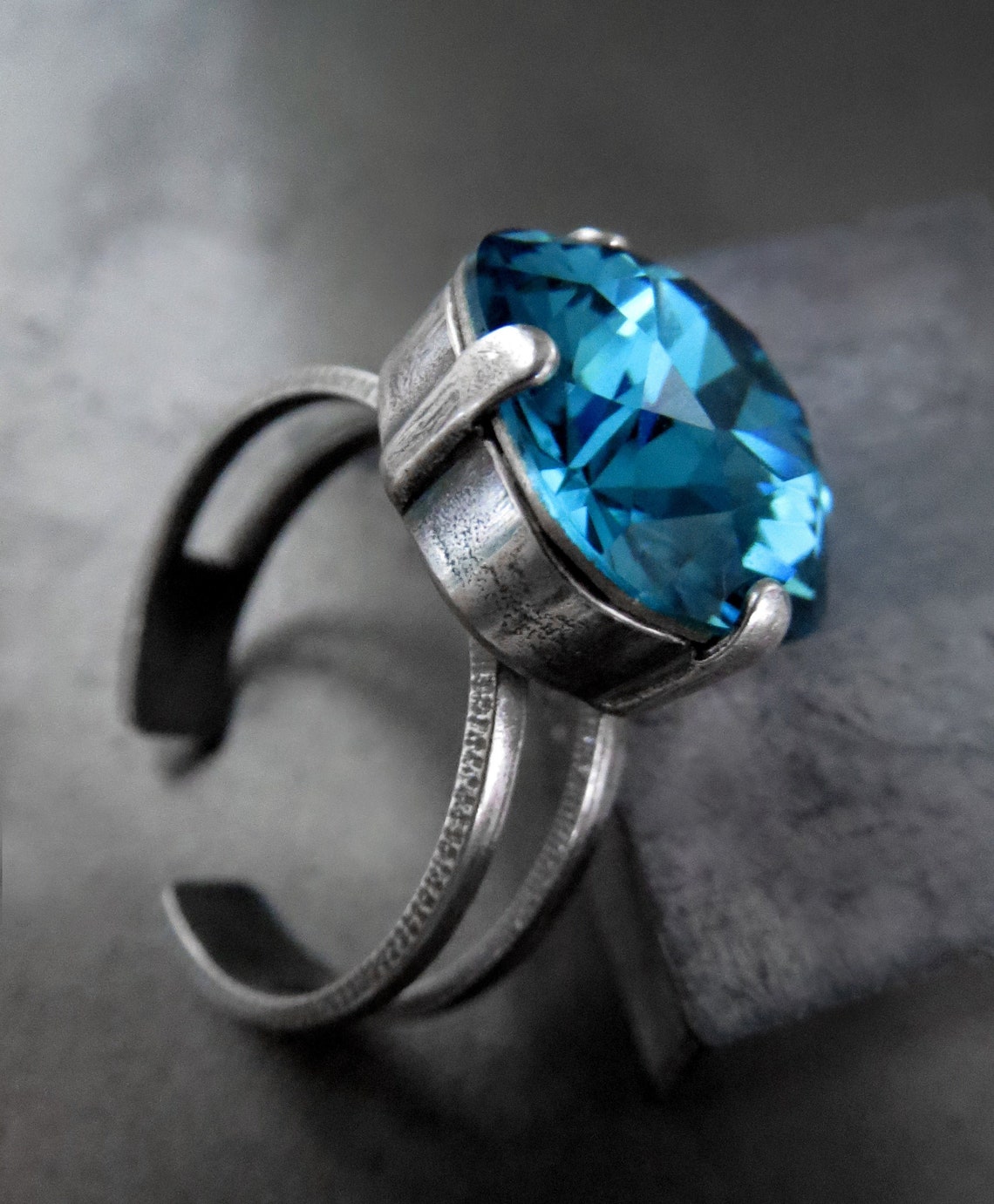 Small Aqua Crystal Ring, Teal Blue Crystal Ring W Antique Silver ...