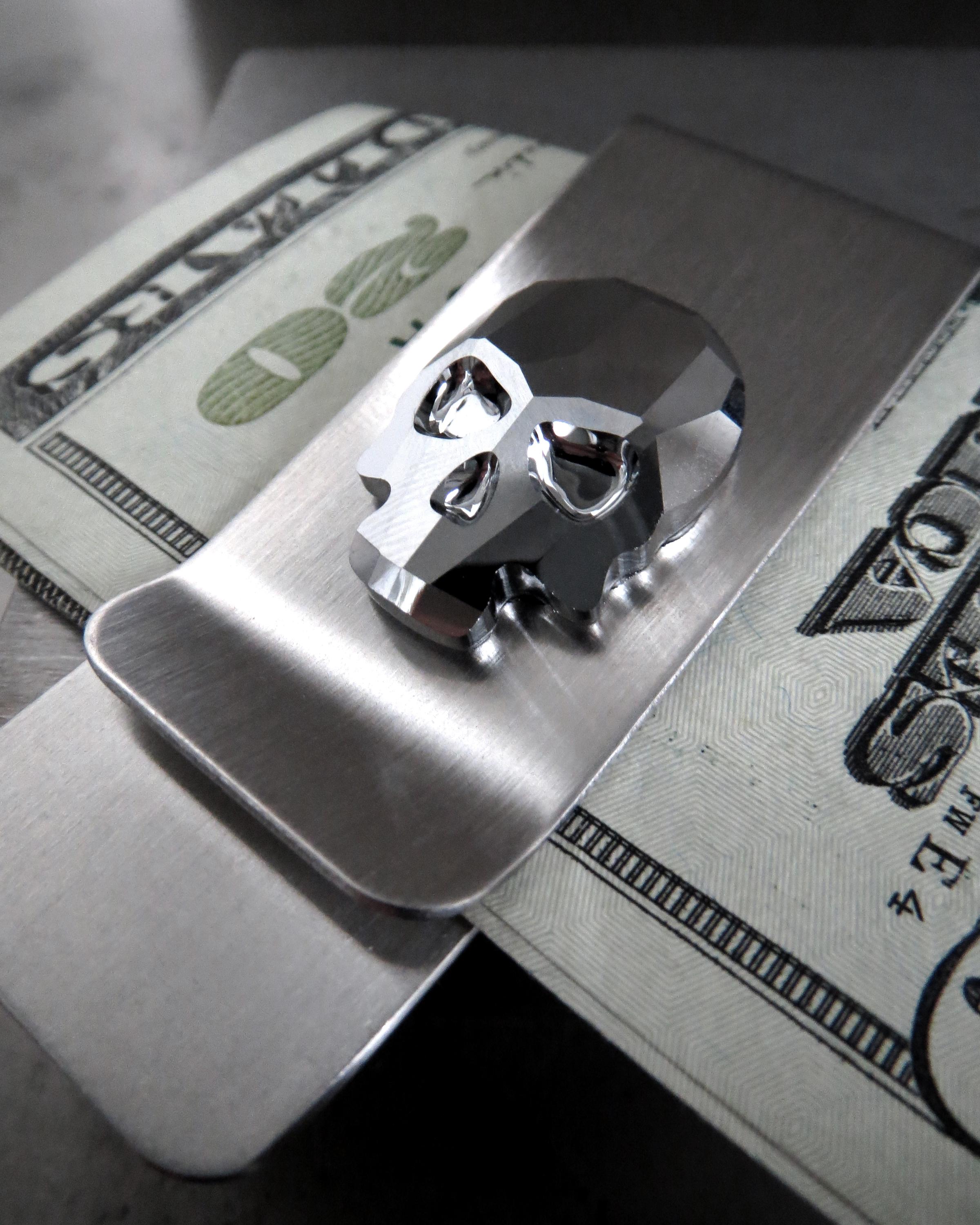 Skull Money Clip With Metallic Silver Crystal - Brushed Stainless Steel ...