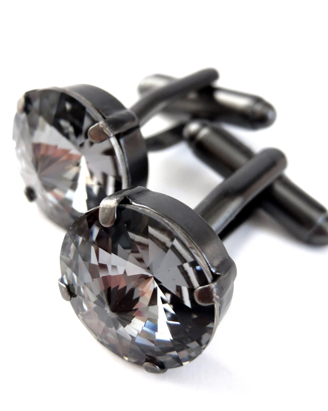 Black Midnight Crystal Cufflinks With Rare Domed Crystal Round Charcoal ...