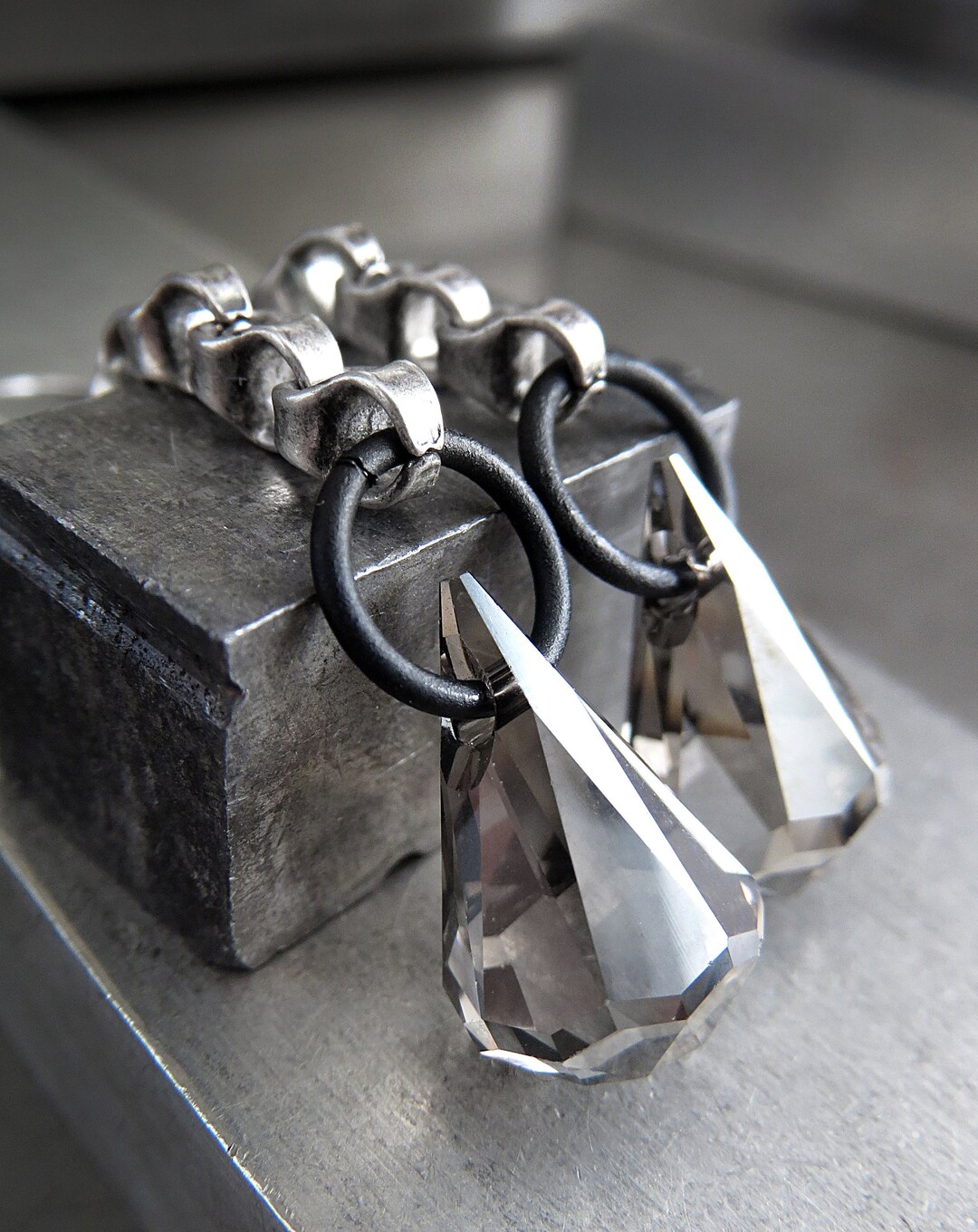 EXACT - Long Chain Earrings With Sheer Grey Pointed Crystals ...