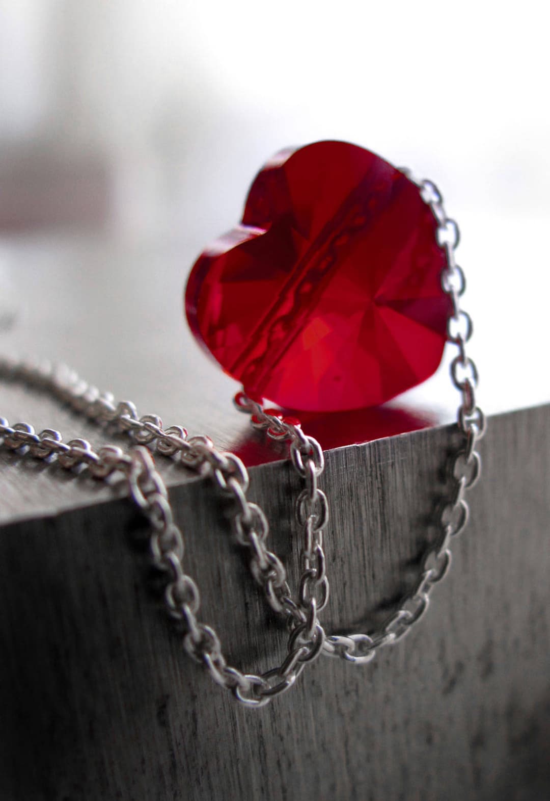 Red Crystal Heart Pendant Necklace With Silver Chain, Valentines Gift ...