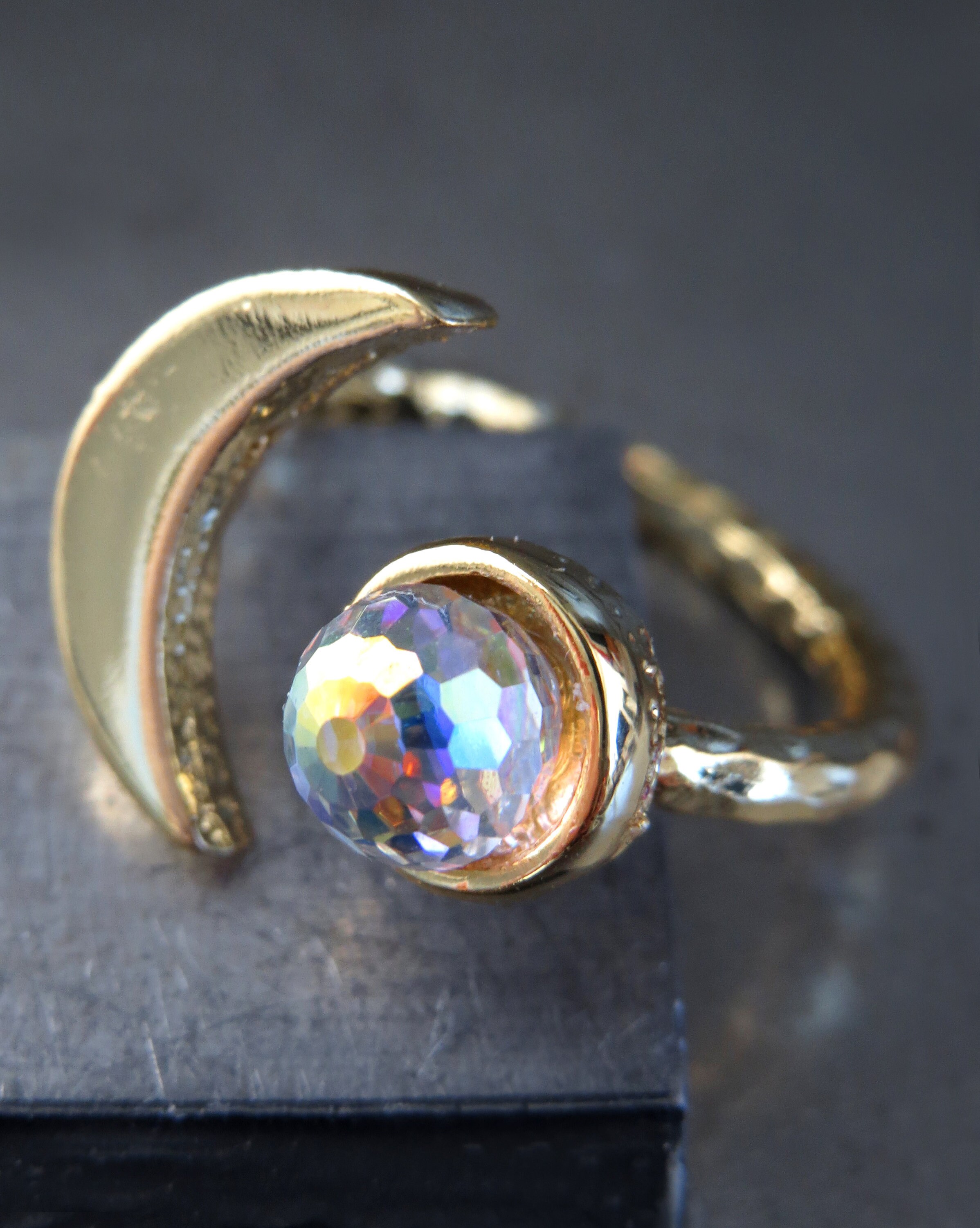 CELESTIAL - Gold Crescent Moon Ring With Vintage Crystal Ball With AB ...