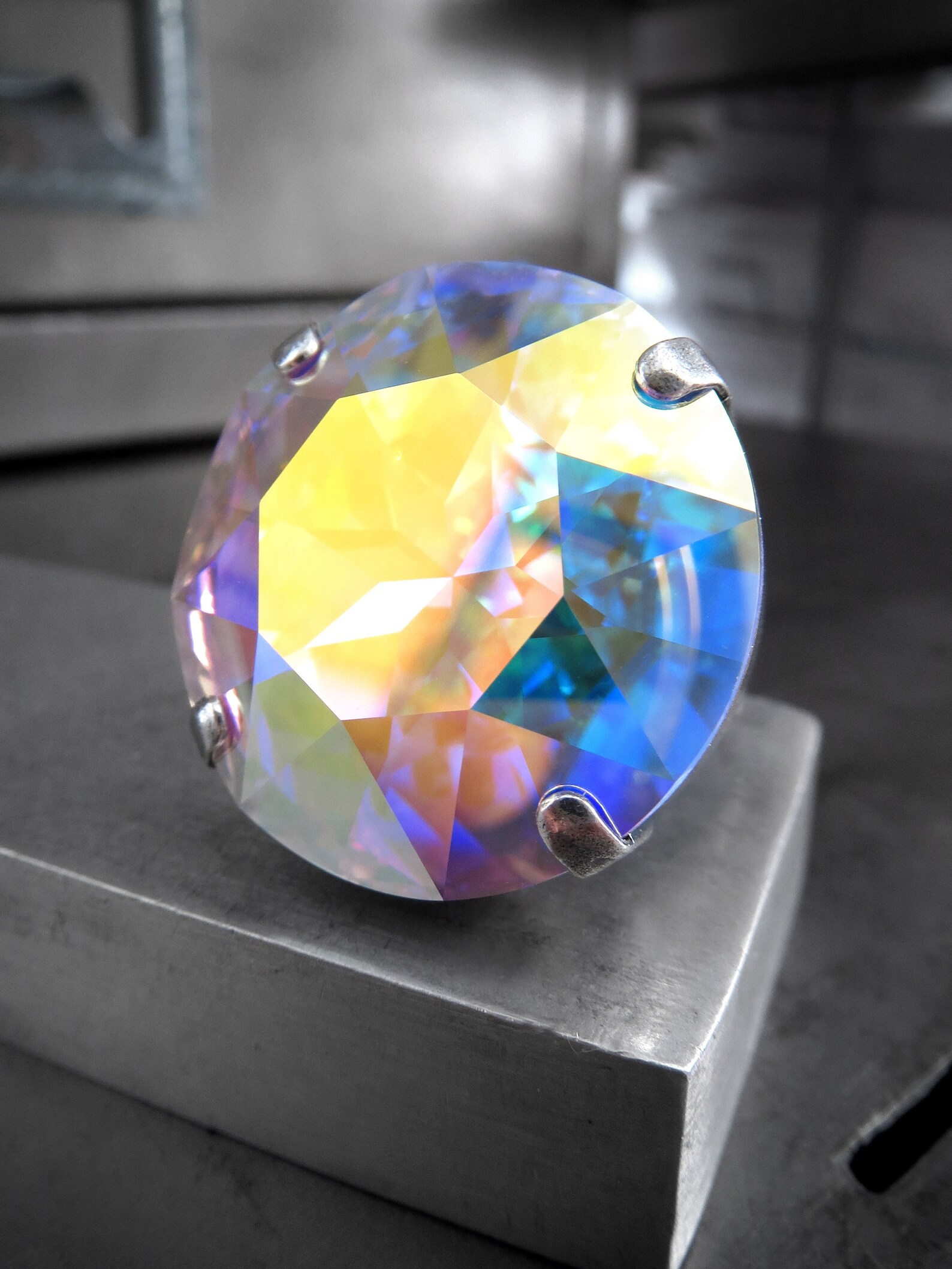 GLITZ: Large Round Dazzling Crystal AB Cocktail Ring Shimmer - Etsy