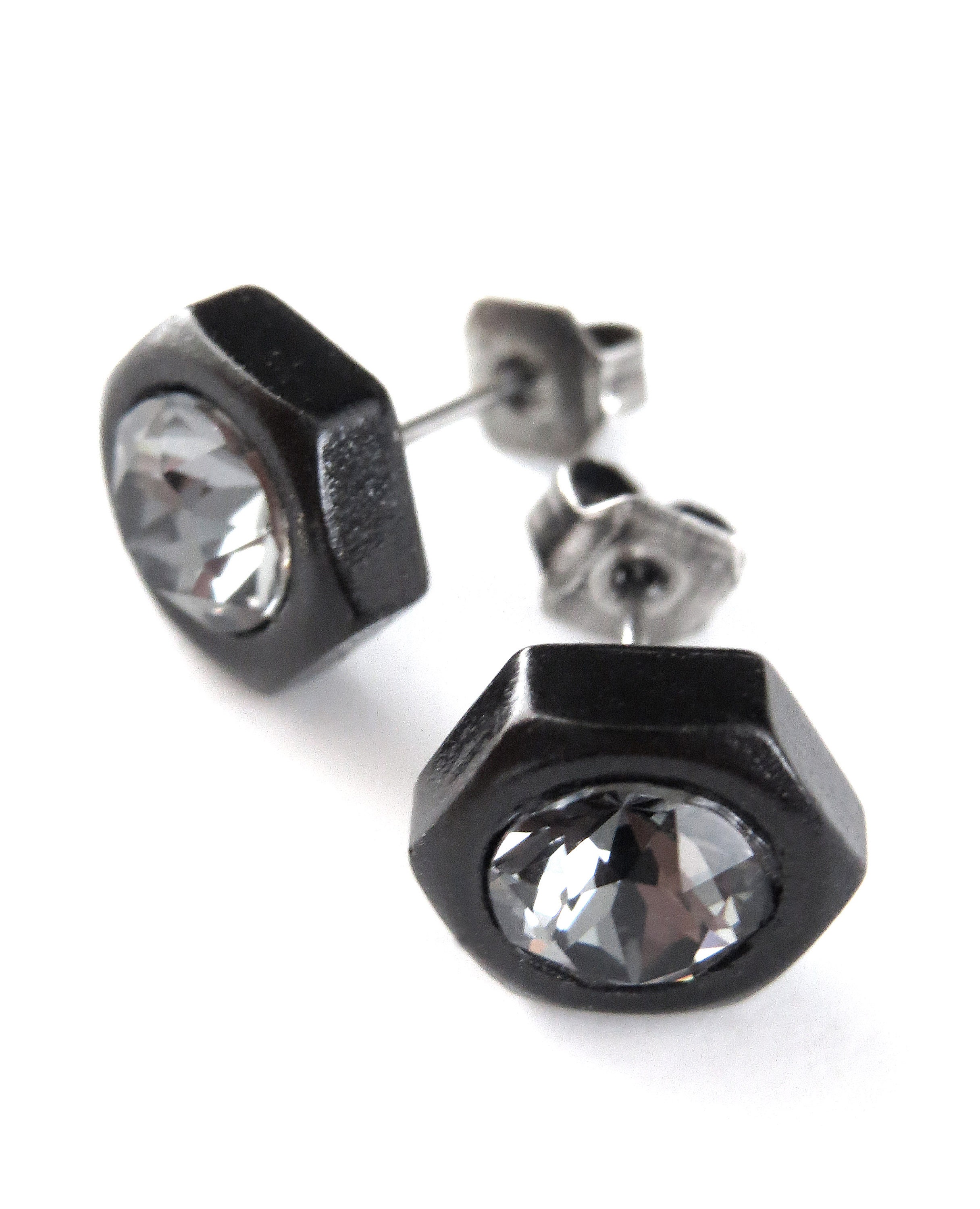 Mens Hex Nut Stud Earrings With Black Crystal Studs, Gunmetal Hardware ...