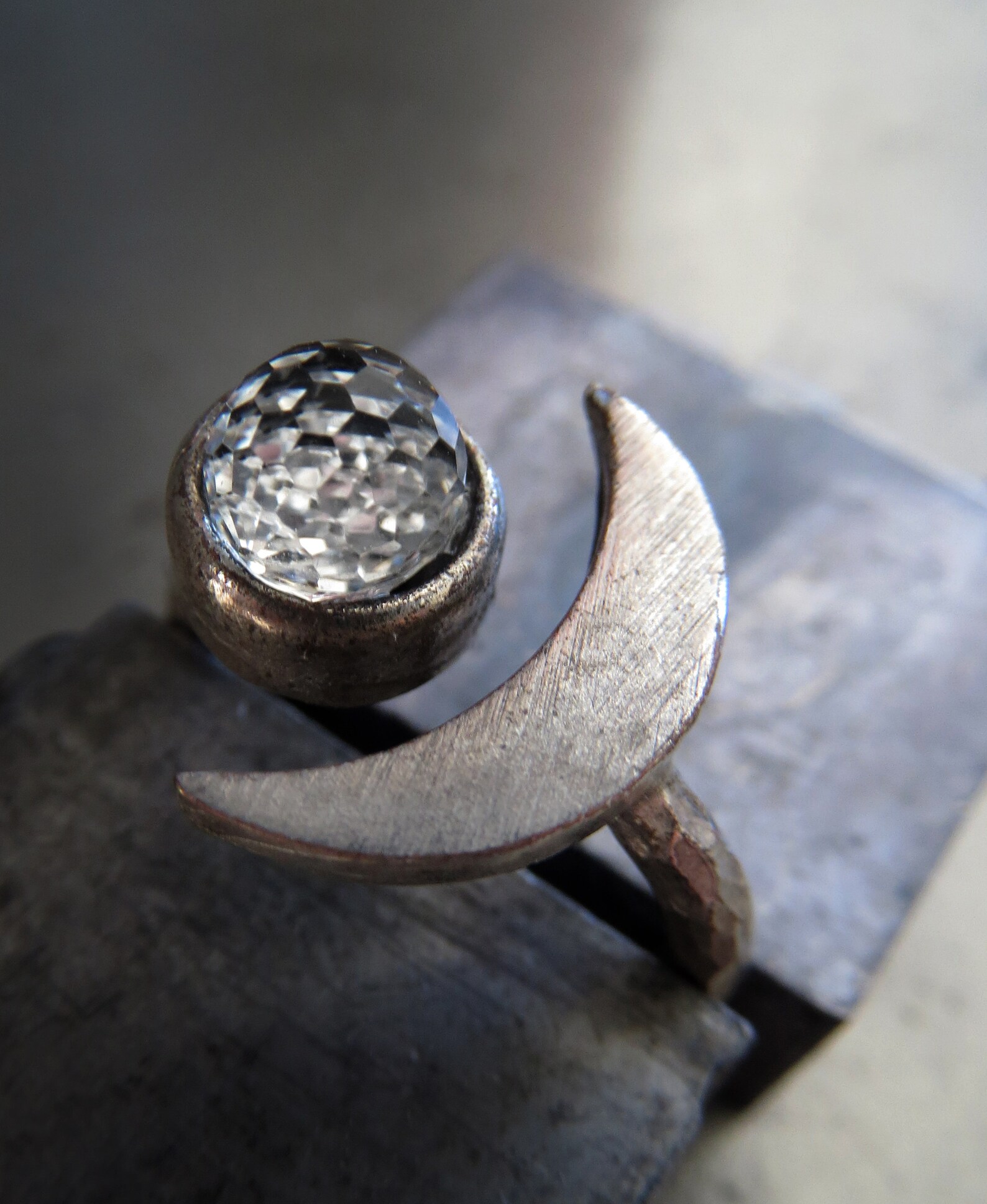 CELESTIAL - Silver Crescent Moon Ring With Vintage Clear Crystal ...