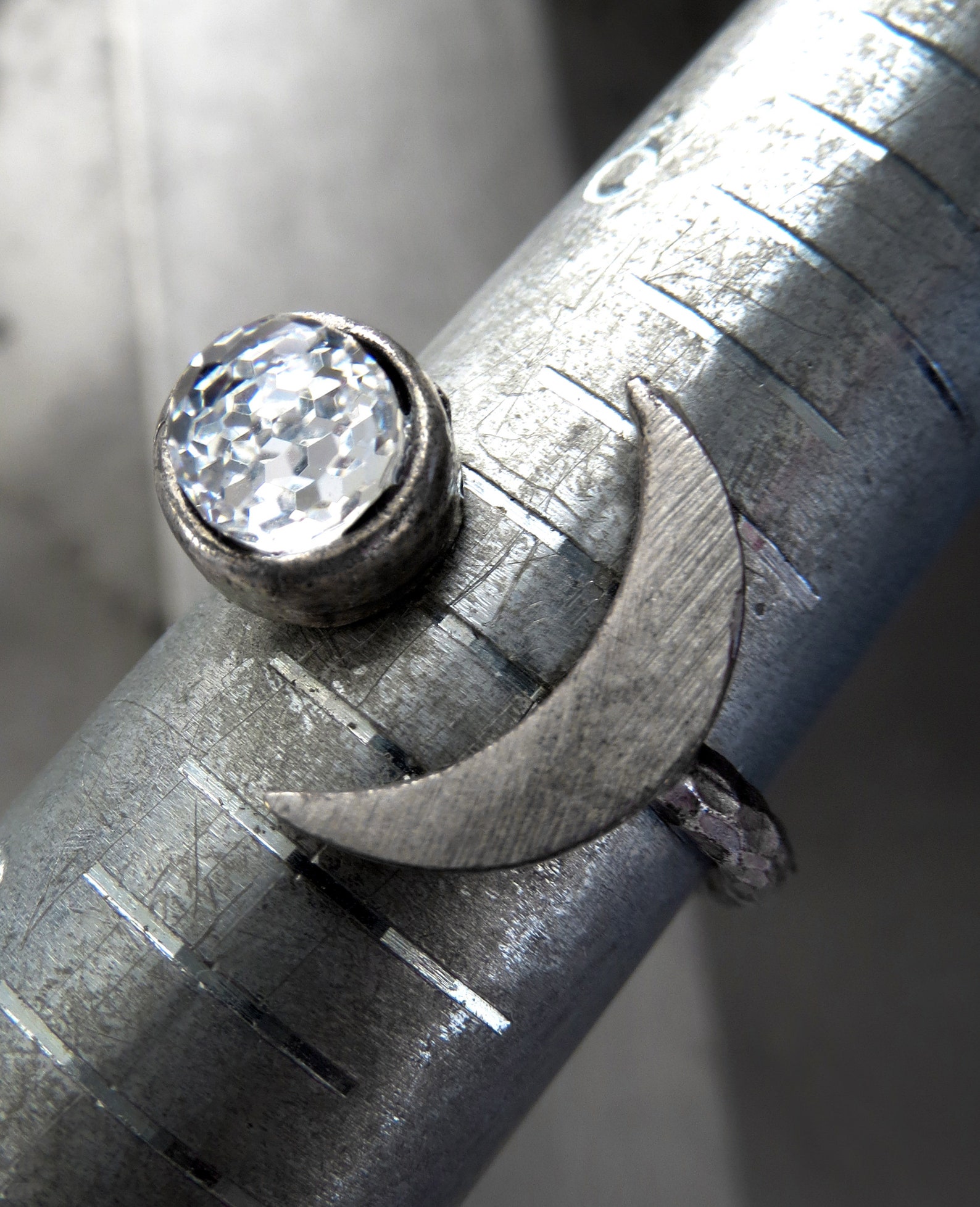 CELESTIAL - Silver Crescent Moon Ring With Vintage Clear Crystal ...