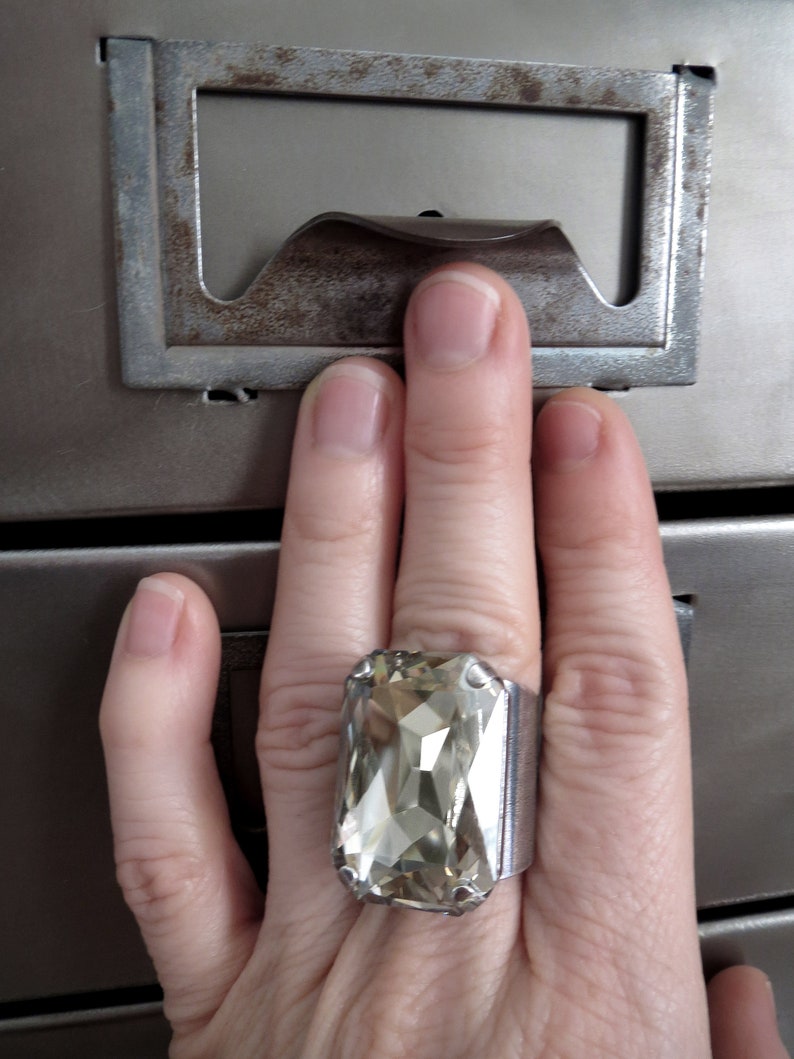 LUMINOUS Large Crystal Cocktail Ring with Silver Sheen | Etsy