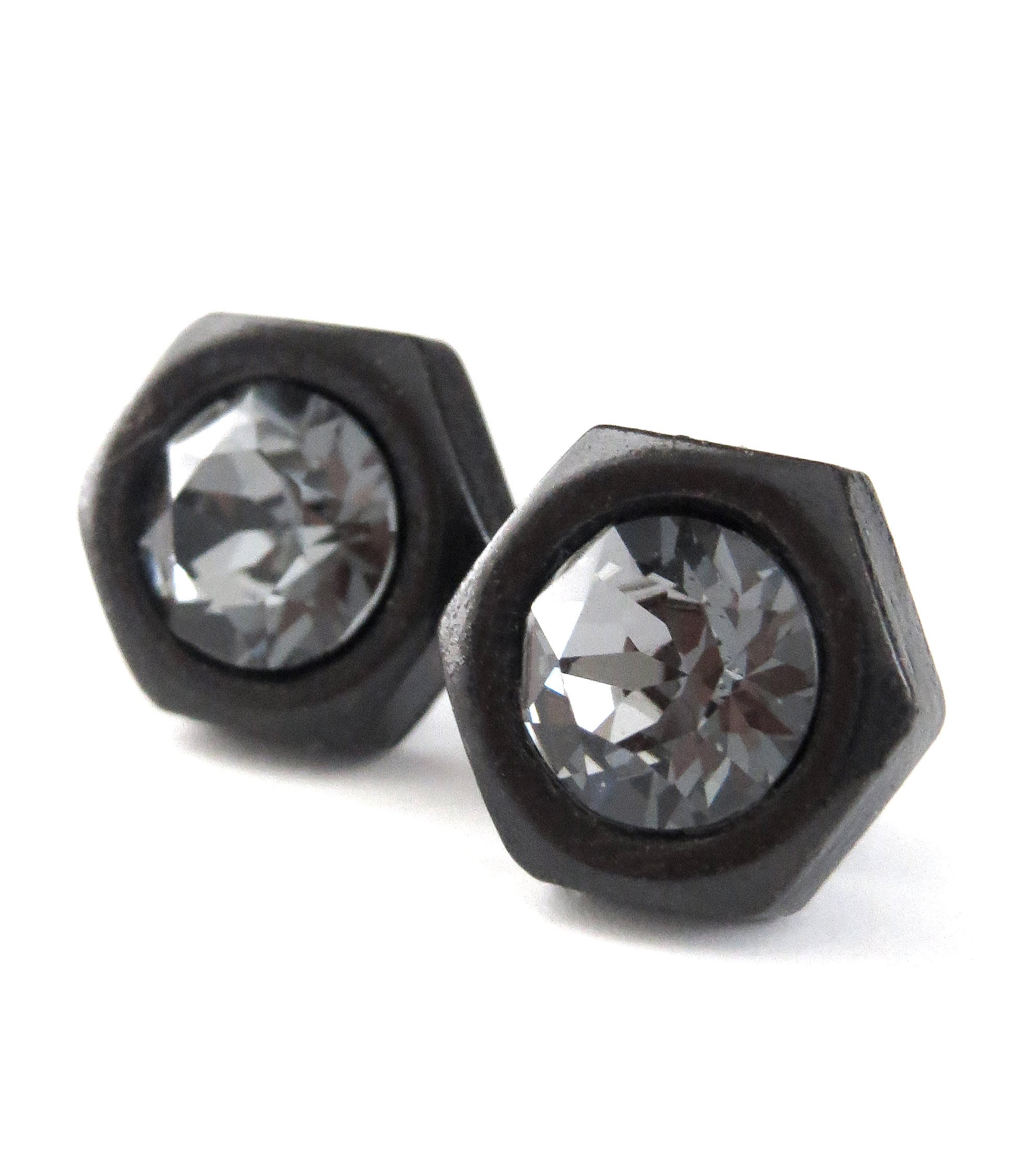 Mens Hex Nut Stud Earrings With Black Crystal Studs, Gunmetal Hardware ...