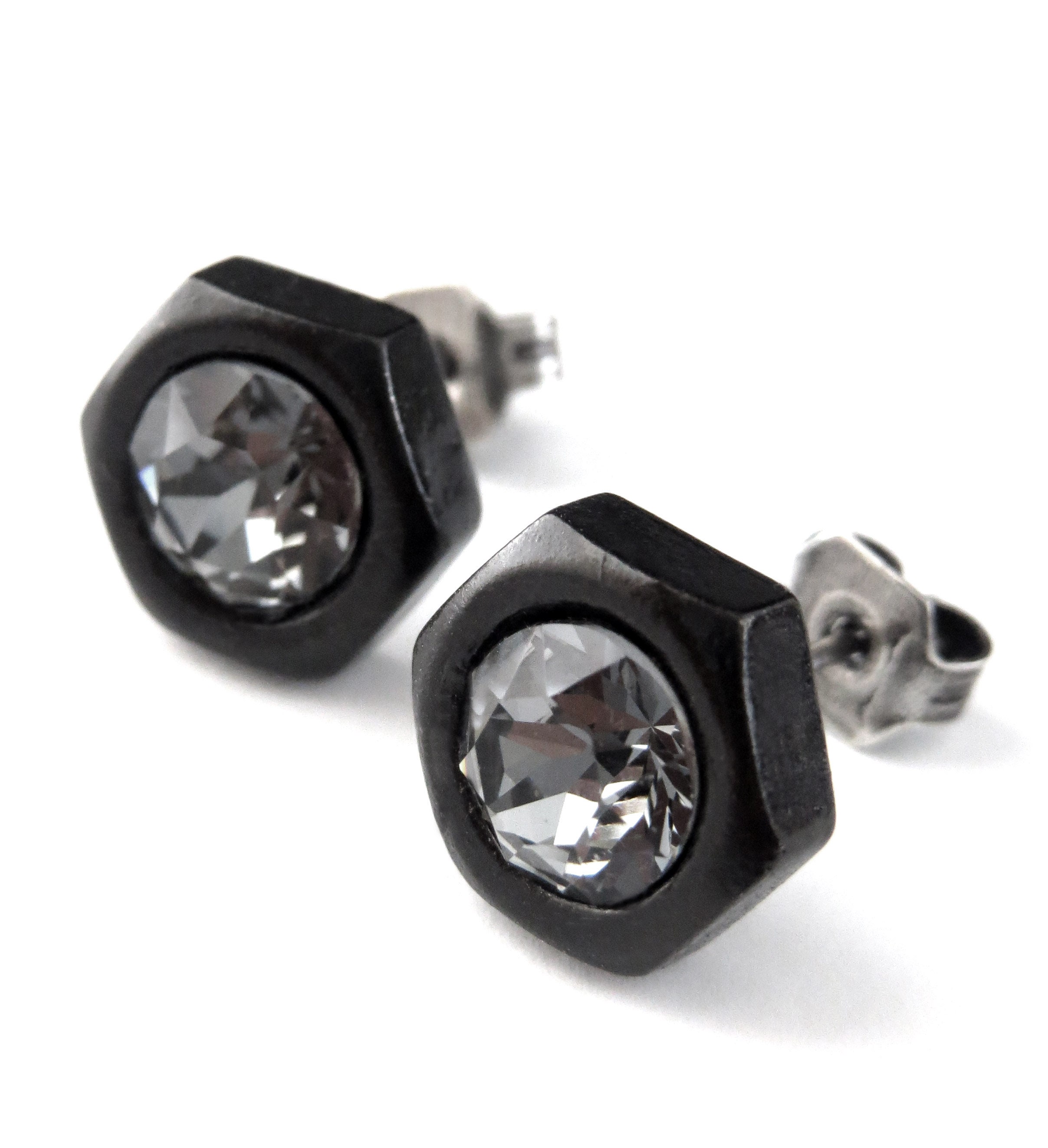 Mens Hex Nut Stud Earrings With Black Crystal Studs, Gunmetal Hardware ...