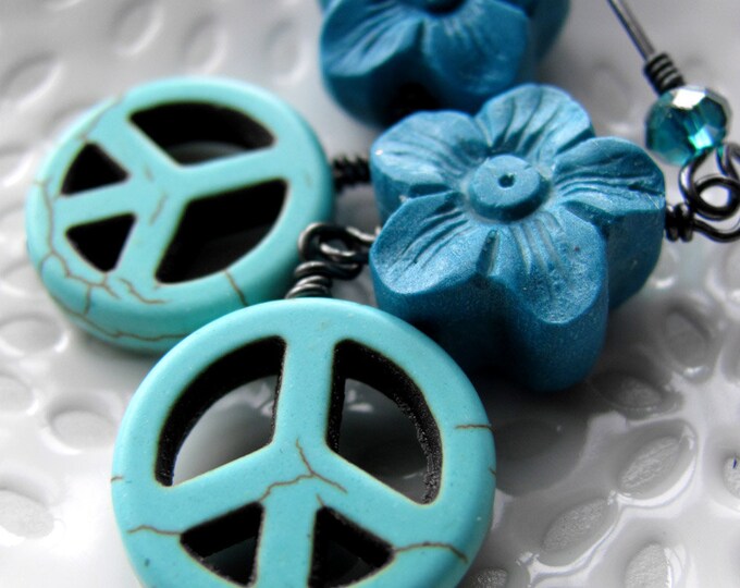 Aqua Peace Sign Earrings, Aqua Flower Earrings, Teal Turquoise Peace ...