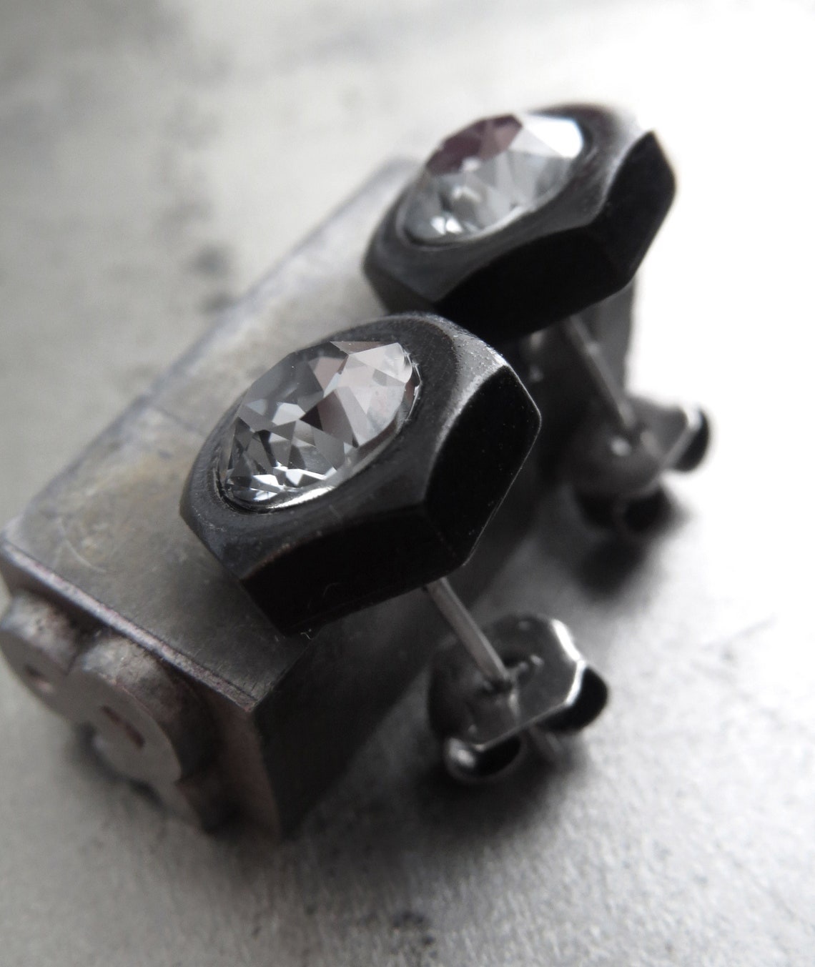 Mens Hex Nut Stud Earrings With Black Crystal Studs, Gunmetal Hardware ...