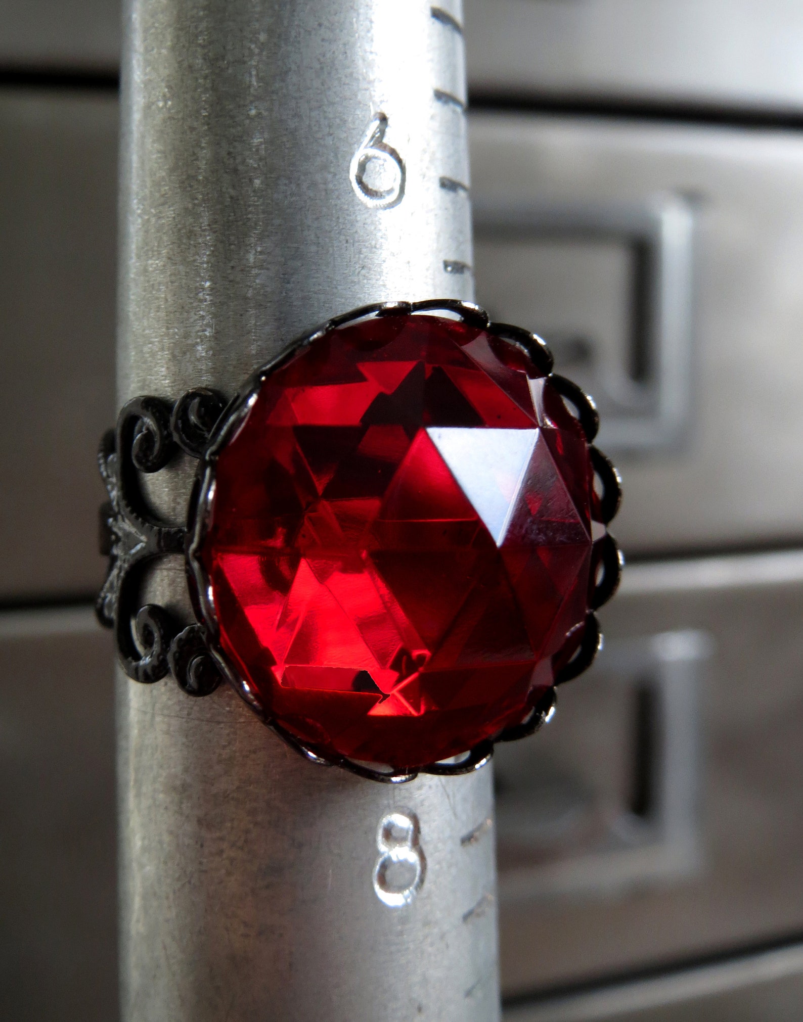 Deep Blood Red Gothic Ring With Black Filigree Band - Goth Halloween ...