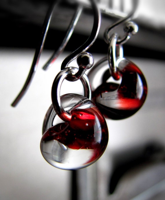 Items similar to Blood Red Glass Drop Earrings, Clear Glass Red ...