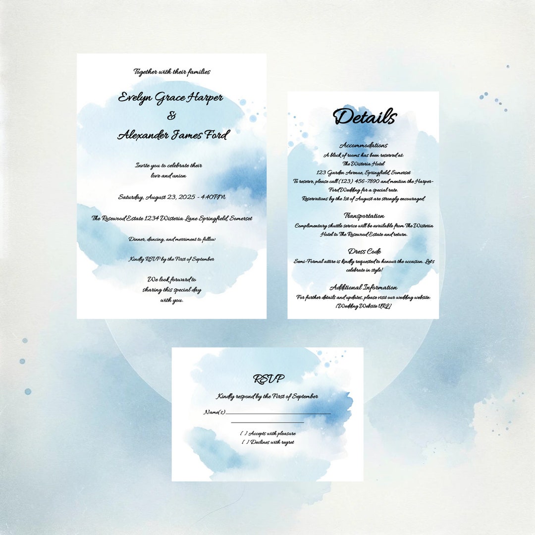 Baby Blue Water Color Wedding Invitation Kit Canva Editable, Instant ...