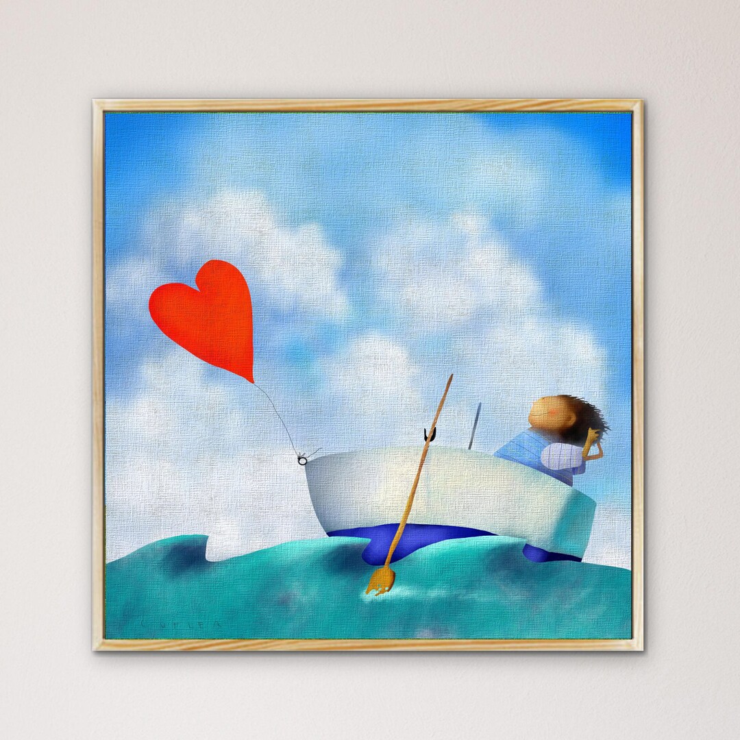 LOVE BOAT- Whimsical Painting of Little Child in Boat on Ocean Nautical ...