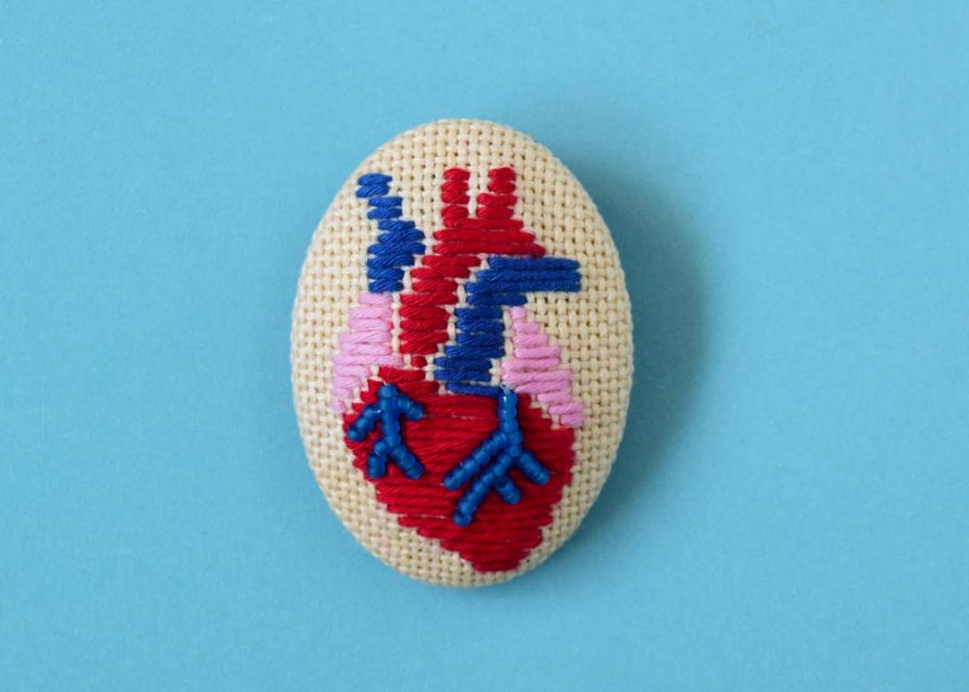 Kogin Embroidered Anatomical Heart Brooch #38 (natural) - Pin ...