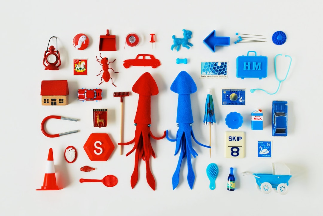Print: Red Squid, Blue Squid - Photo Art Miniature Collage Sea-creature ...