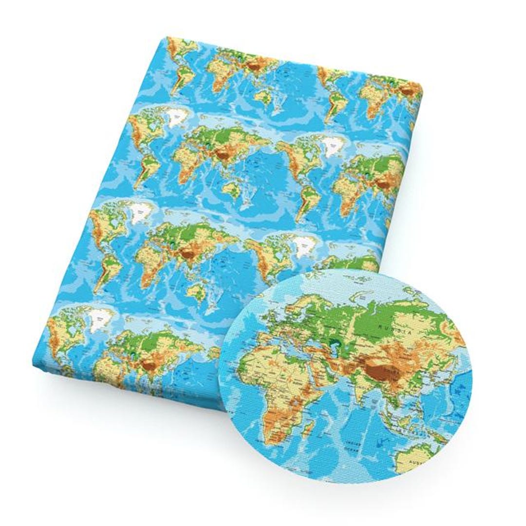 Planet Earth Map Fabric by the Yard - Etsy
