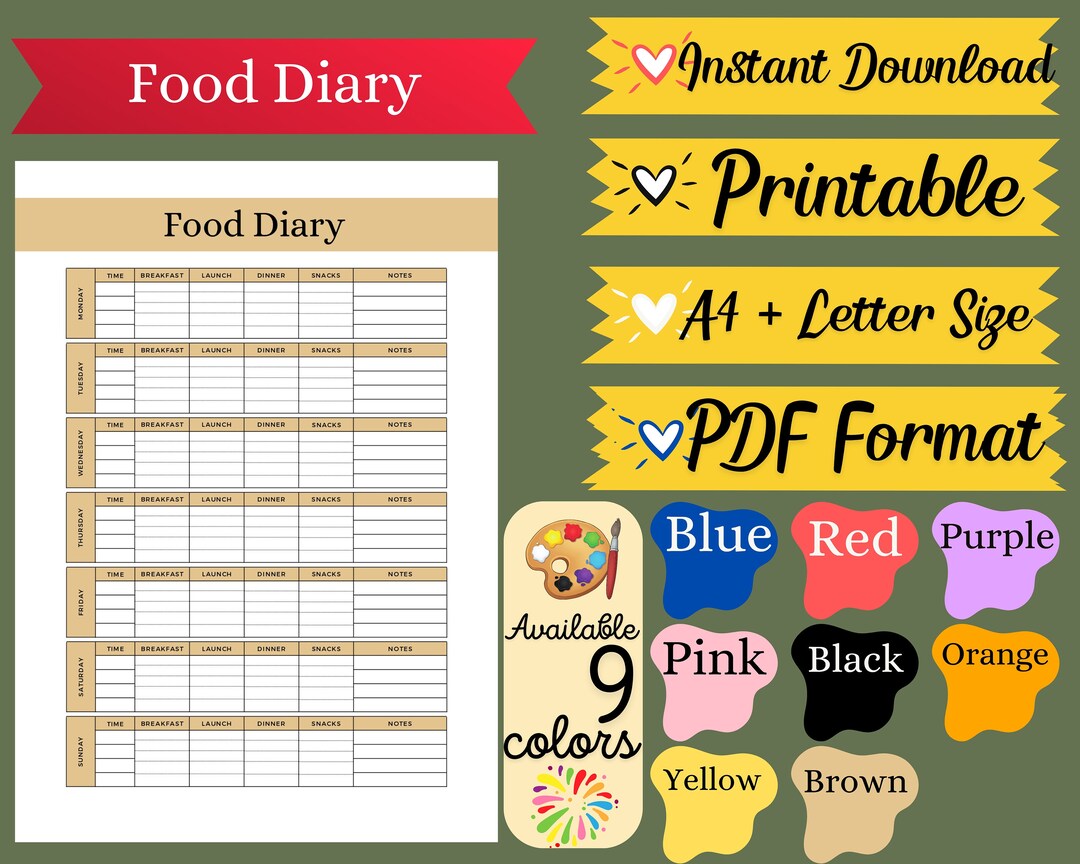 Digital Meal & FOOD Diary CALORIE TRACKER Fitness Template, Instant ...