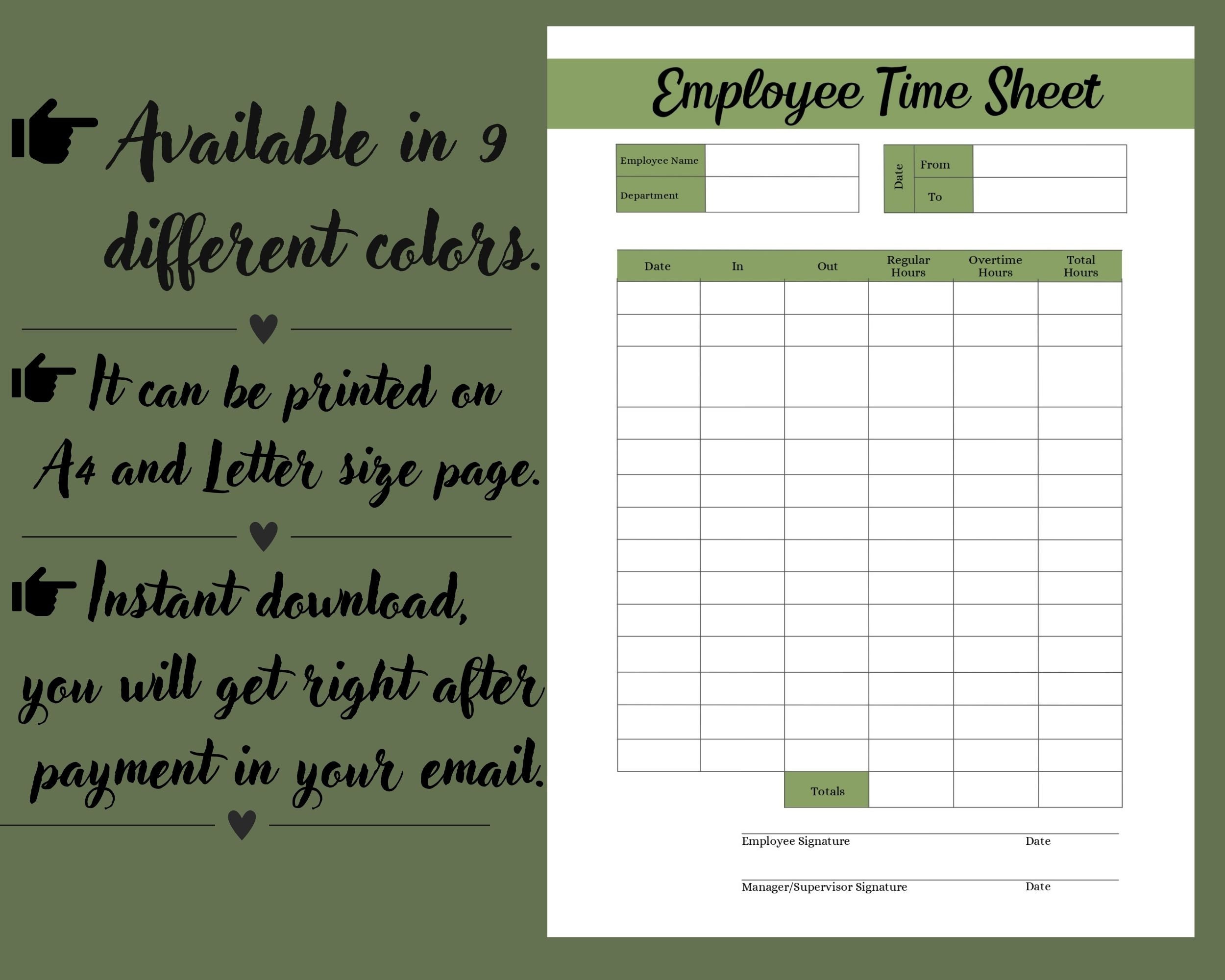 Employee Time Sheet Printable, Printable, Time Log, Time Card, Employee ...