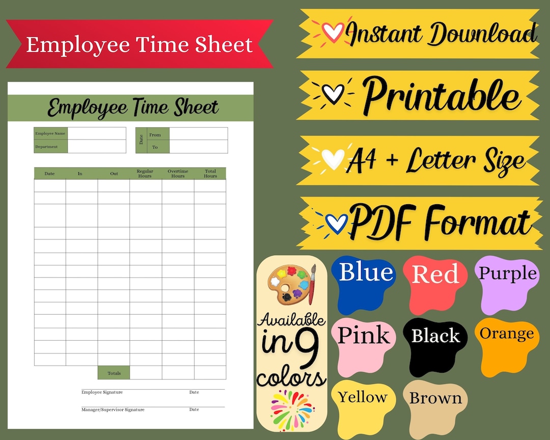 Employee Time Sheet Printable, Printable, Time Log, Time Card, Employee ...
