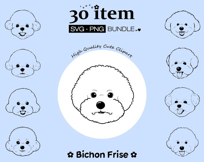 Bichon Frise SVG & PNG Clipart, Dog Head Face Bundle, Vector Image ...