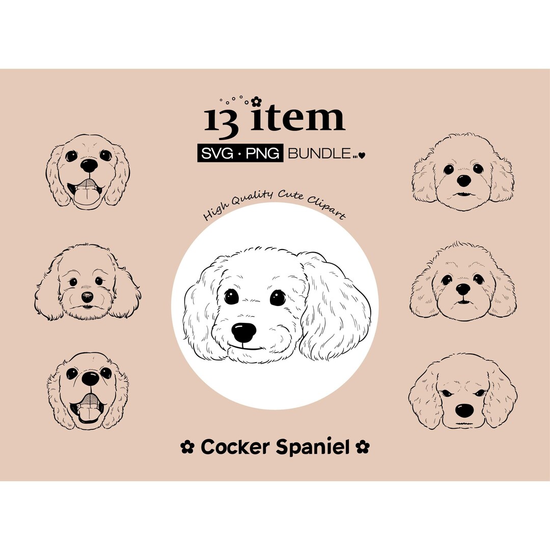 Cocker Spaniel SVG & PNG Clipart, Dog Head Face Bundle, Vector Image ...