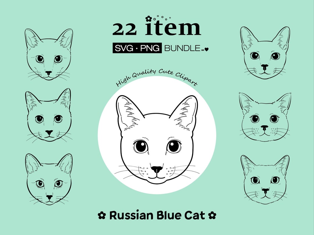 Russian Blue Cat SVG & PNG Clipart, Domestic Cat Head Face Bundle ...