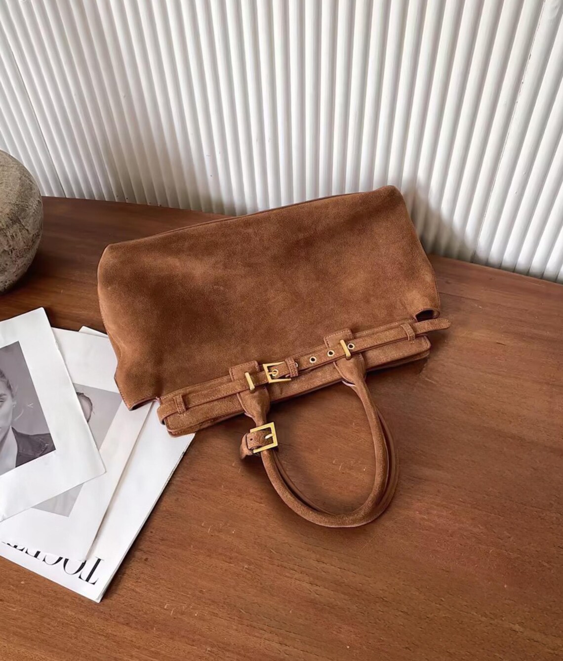 Minimal Suede Shoulder Bag, Suede Leather Tote Bag, Suede Top Handle ...
