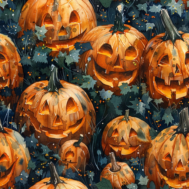 Seamless Patterns Water Paintings - Field of Smiling Jack O Lanterns ...