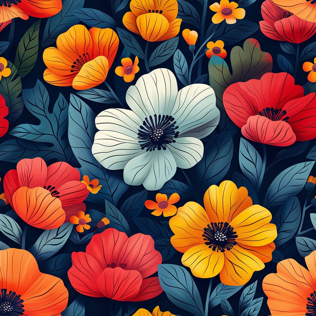 Seamless Patterns - Beautiful Hand Draw Vibrant Flowers - Digital ...