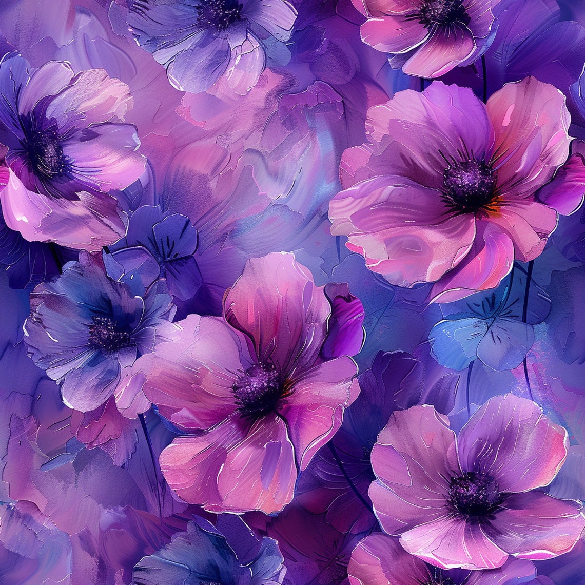 Seamless Patterns Vibrant Purple Flowers - Digital Scrapbook Paper - 4 ...