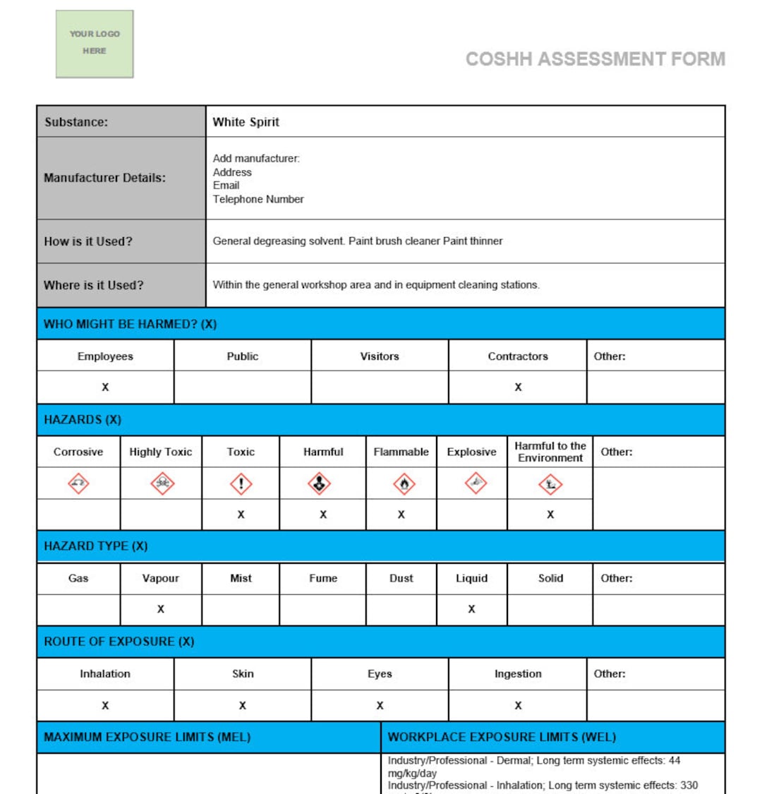 White Spirit COSHH Assessment, Fully Brandable, Editable and ...