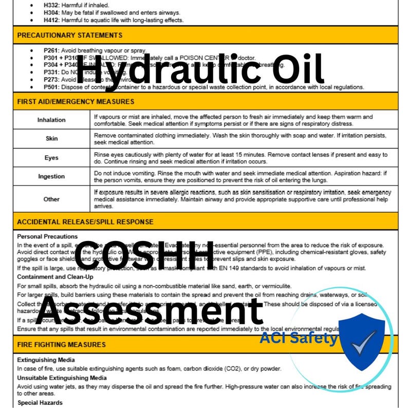 Hydraulic Oil COSHH Assessment Template - Etsy