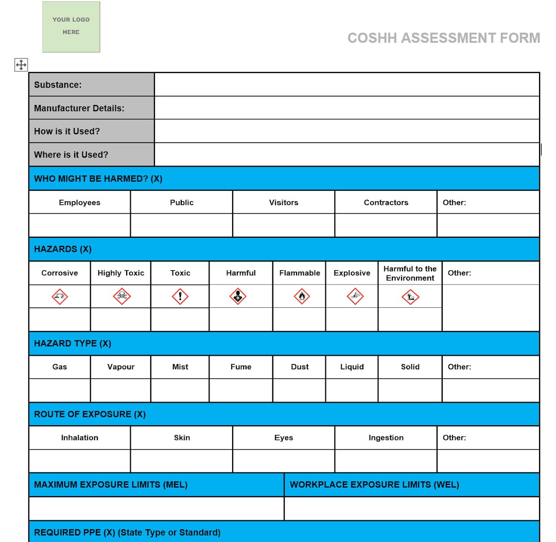 Blank COSHH Assessment Template - MS Word, Fully Customisable, Editable ...