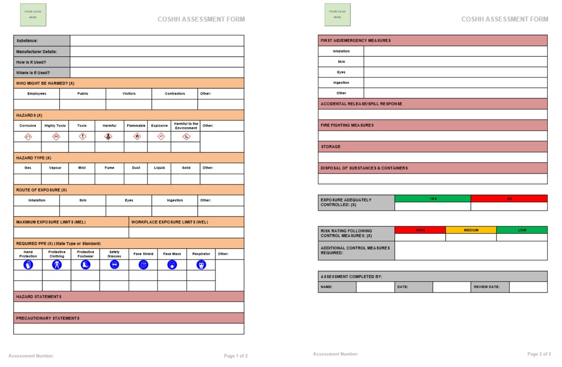 Blank COSHH Assessment Template MS Word, Fully Customisable, Editable ...