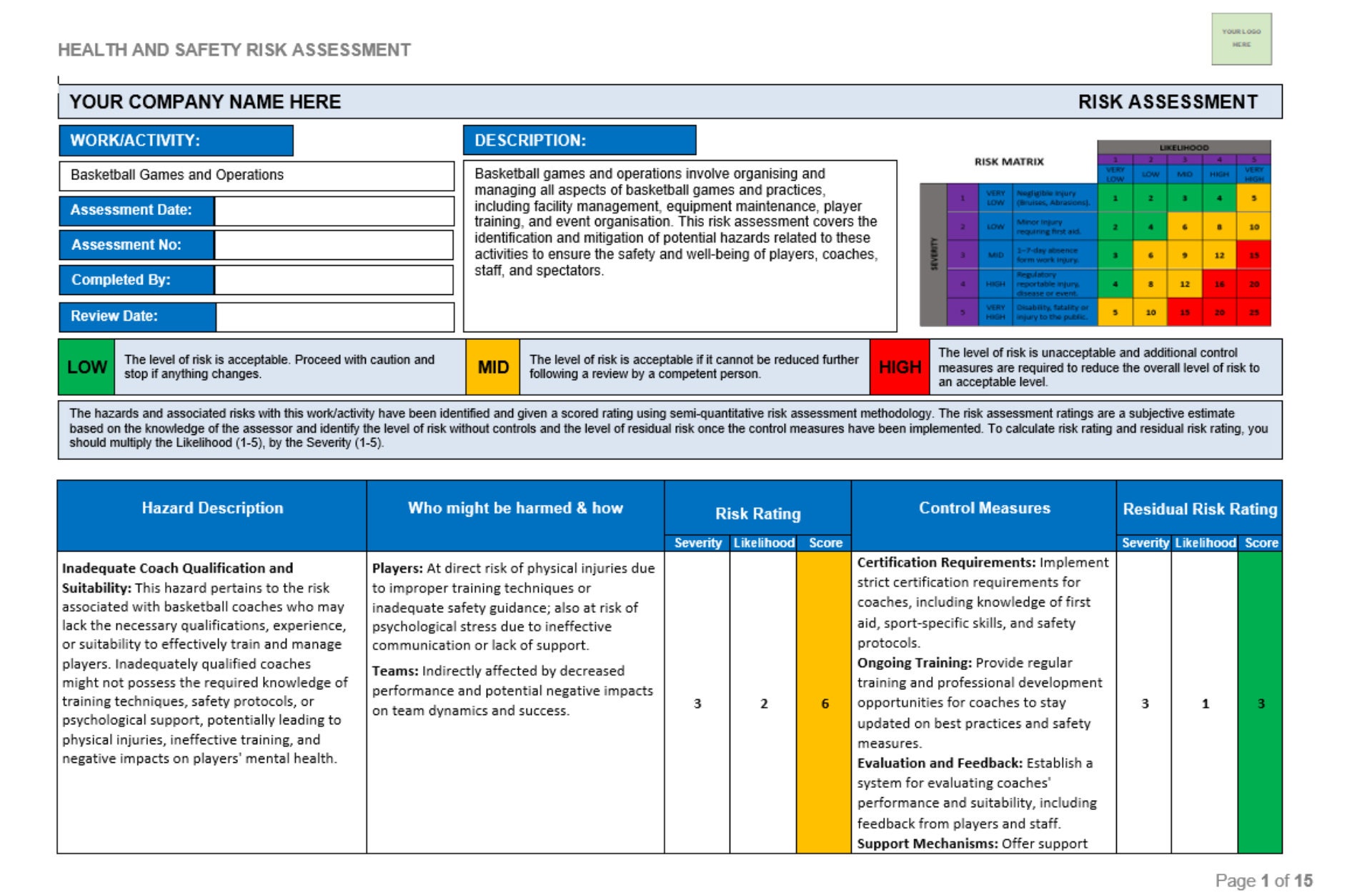Basketball Risk Assessment - MS Word, Fully Customisable, Editable and ...