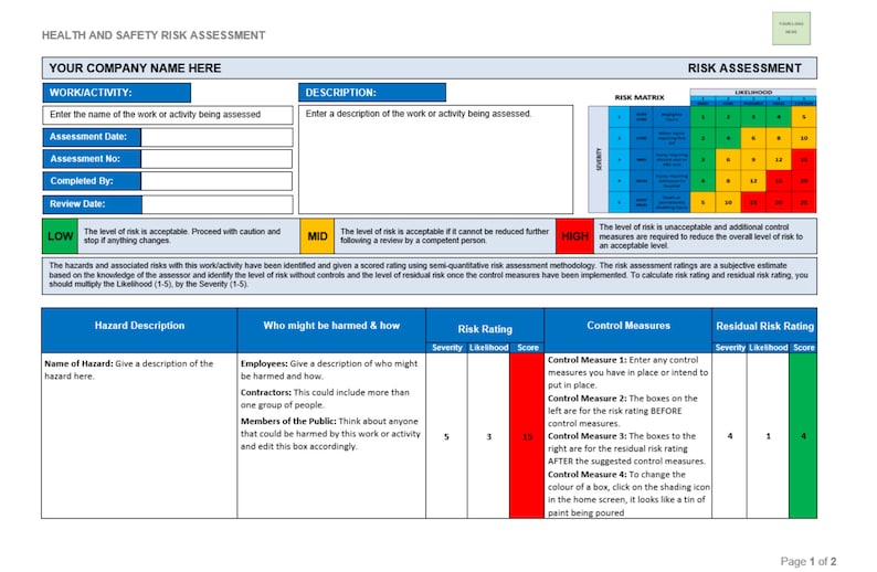 Blank Risk Assessment Template - MS Word, Fully Customisable, Editable ...