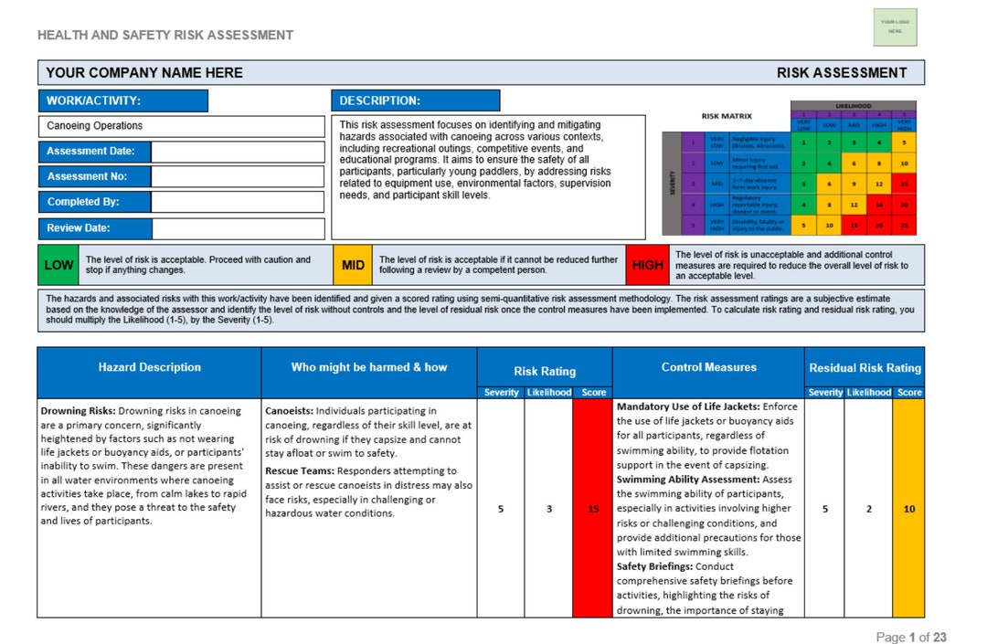 Canoeing Risk Assessment - MS Word, Fully Customisable, Editable and ...